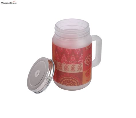 Buy Flower Print Frosted Glass Jar With Handle And Straw Red Online