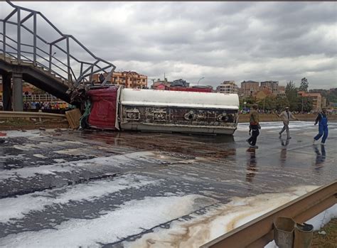 Heavy Traffic On Thika Road As Petrol Tanker Overturns In Roysambu Photos