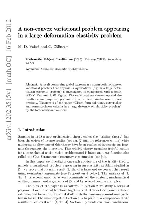 Pdf A Non Convex Variational Problem Appearing In A Large Deformation