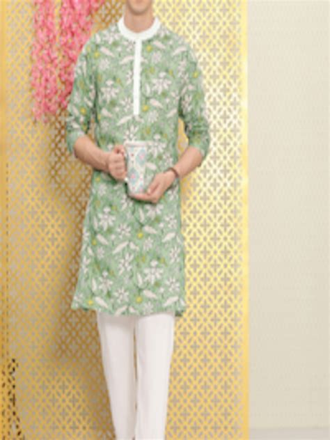Buy Ode By House Of Pataudi Men Green White Floral Printed Pure