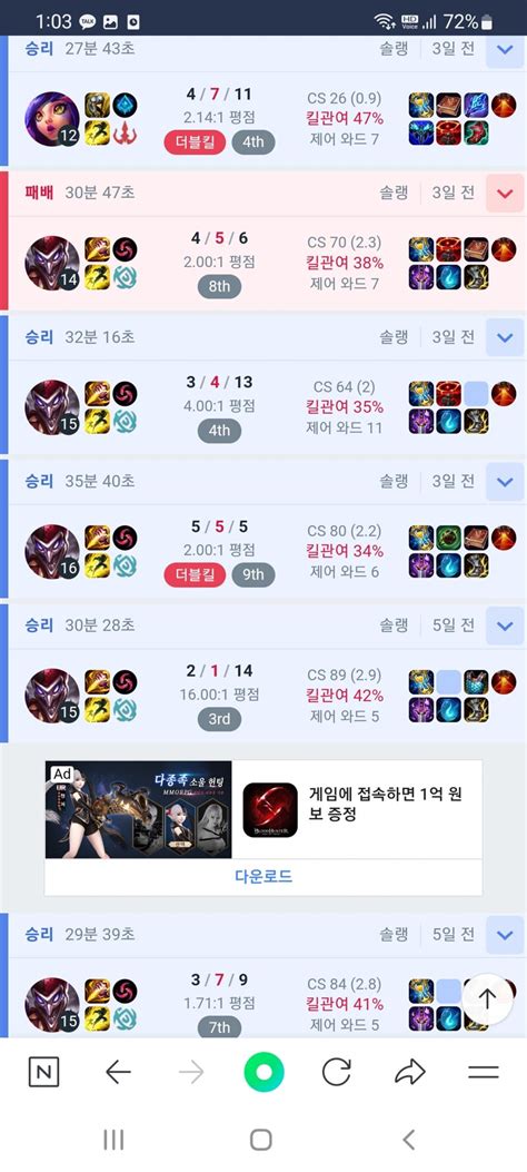 리그오브레전드 인벤 11승1패 연승구간 끝은 Lol 봇 게시판