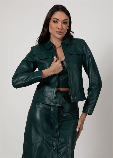Jaqueta Couro Pelica Verde Folha Sofia Elite Couro Store
