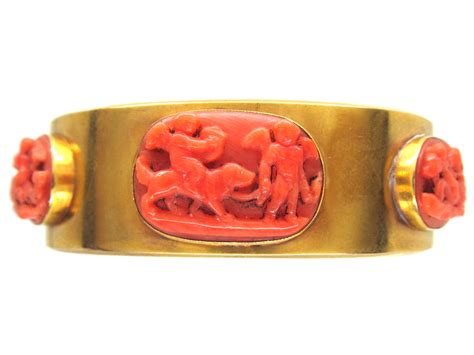 Grand Tour 18ct Gold And Carved Coral Neo Classical Bangle 431f The