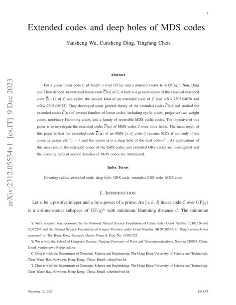 PDF Extended Codes And Deep Holes Of MDS Codes