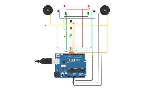 Circuit Design Traffic Lights With Button And Pedestrain Lights Tinkercad