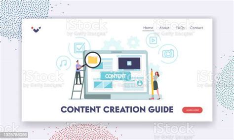 콘텐츠 제작 가이드 방문 페이지 템플릿입니다 Smm 미디어 블로그 또는 디지털 마케팅을 만드는 거대한 노트북의 문자 작가에 대한