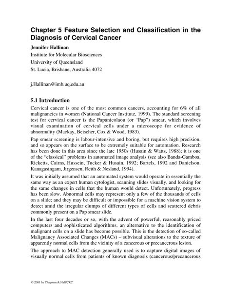 Pdf Feature Selection And Classification In The Diagnosis Of Cervical