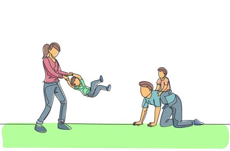 Dessin Au Trait Continu Unique De Jeunes Maman Et Papa Jouant Avec Leur