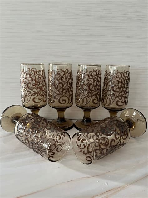1970s Set Of 6 Libbey Stemmed Small Wine Glasses Champagne Flutes