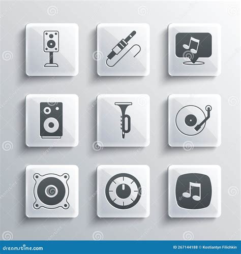 Set Sound Mixer Controller Music Note Tone Vinyl Player Trumpet Stereo Speaker And Icon