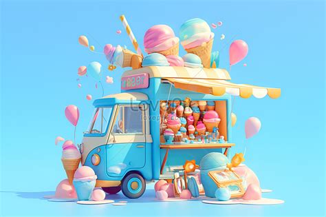 파란색 아이스크림 트럭 일러스트 무료 다운로드 Lovepik