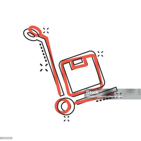 만화 스타일의화물 트롤리 아이콘입니다 흰색 고립 된 배경에 배달 상자 만화 벡터 그림입니다 상자 배송 스플래시 효과 비즈니스 개념 공항에 대한 스톡 벡터 아트 및 기타