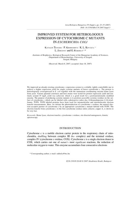 Pdf Improved System For Heterologous Expression Of Cytochrome C