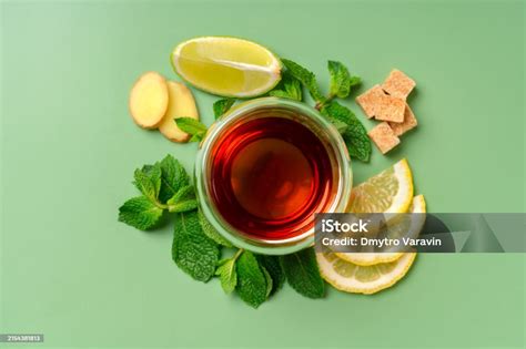 레몬 생강 민트 사탕수수 설탕 라임으로 만든 차 성분 평면도 라임에 대한 스톡 사진 및 기타 이미지 라임 박하 요리 하이