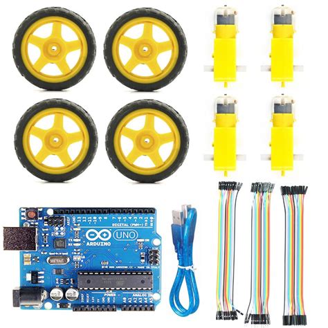 Bo Motor Bo Wheel And Arduino Uno R3 With Jumper Wires 60 Pcs Vayuyaan