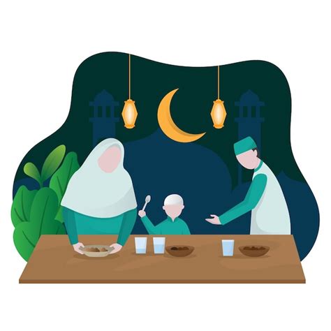 함께 먹는 이슬람 가족 가족 Iftar 파티 라마단 벡터 일러스트 템플릿 Iftar 아이콘 프리미엄 벡터