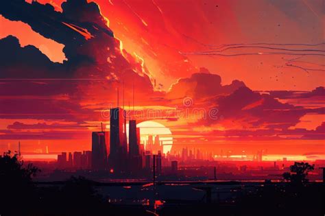 City Skyline Featuring Dramatic Sunset With Orange And Red Hues