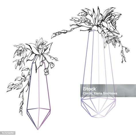 손으로 그린 벡터 잉크 난초 꽃과 가지 단색 자세한 개요 결정 형태의 조성물 흰색 배경에 격리 벽 예술 결혼식 인쇄 문신 표지 카드를위한 디자인 0명에 대한 스톡 벡터 아트