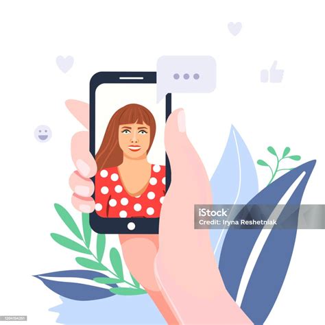 화상 통화 및 온라인 채팅 앱 개념 화면에 여자와 스마트 폰을 들고 손 Brand Name Online Messaging