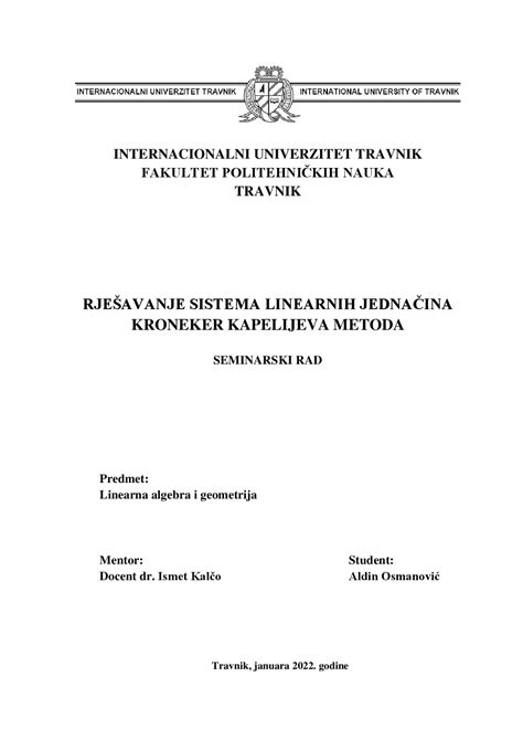 RjeŠavanje Sistema Linearnih JednaČina Kroneker Kapelijeva Metoda