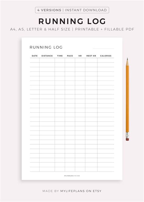 Printable Running Log Template Running Tracker Cardio Training Log Health And Fitness Planner