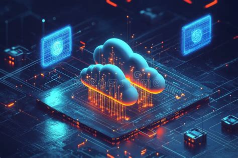 Futuristic 3d Illustration Of Cloud Computing Technology With Glowing Circuits Stock