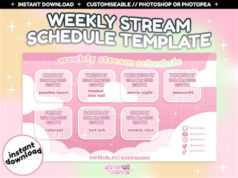 Cute Pink Twitch Stream Schedule Weekly Template Includes Psd