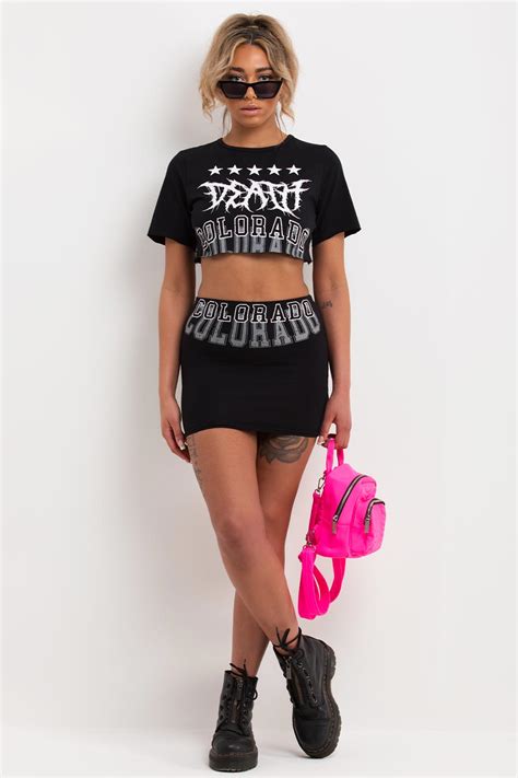 Crop Top And Mini Bodycon Skirt Co Ord Festival Outfit Black Styledup