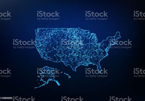 미국 Of 미국지도 네트워크 인터넷 및 글로벌 연결 개념 와이어 프레임 3d 메쉬 다각형 네트워크 라인 디자인 구체 점 및 구조의 추상 벡터 일러스트레이션 Eps 10 0