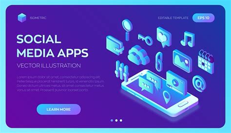 소셜 미디어는 스마트폰 앱입니다 소셜 미디어 3d 아이소메트릭 아이콘입니다 모바일 앱입니다 모바일 웹 장식 응용 프로그램에 대해 만들어집니다 웹 디자인 배너 및 프레 젠