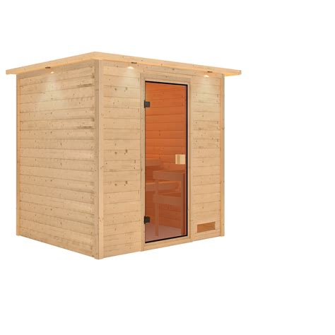 Massivholzsauna Donna naturbelassen mit Kranz und bronzierter Tür 223