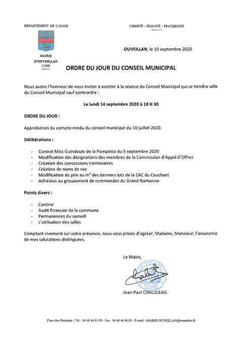 Ordre Du Jour Conseil Municipal Du 14 Sept 20 Mairie Douveillan