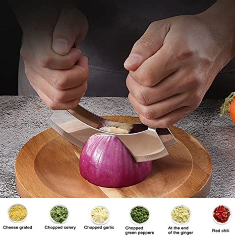 Tiyoorta Salad Chopper With Round Wood Cutting Board Mezzaluna Knife