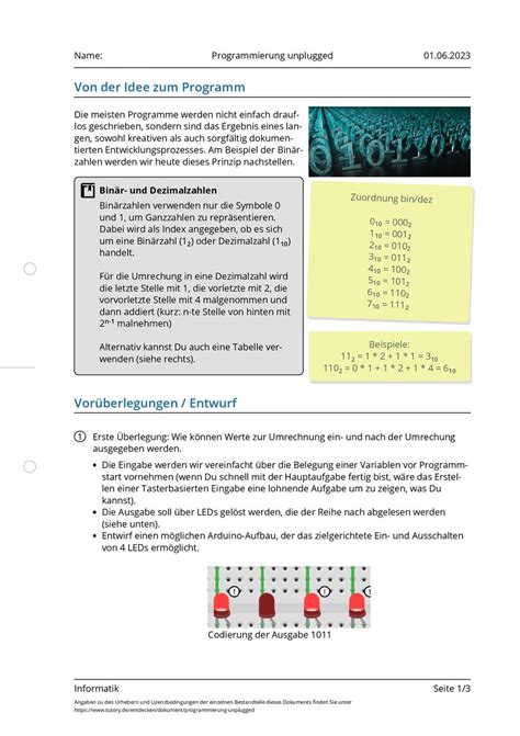 Arbeitsblatt Programmierung Unplugged Informatik Tutory De