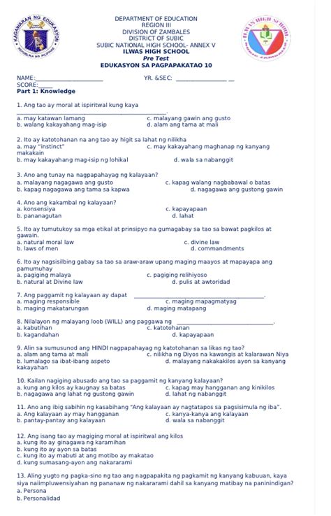 Pre Assessment Test Esp 10