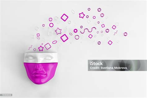 머리에서 날아가는 물체가 있는 반짝이는 금속 마스크로 벽을 들여다 보는 여자의 얼굴 3d 일러스트레이션 슈퍼히어로에 대한 스톡 사진 및 기타 이미지 Istock