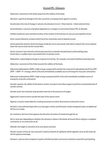 A Level Ocr Pe Glossary Teaching Resources