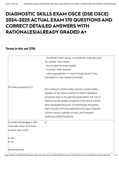 Diagnostic Skills Exam Osce Dse Osce Actual Exam 170 Questions And Correct Detailed Answers