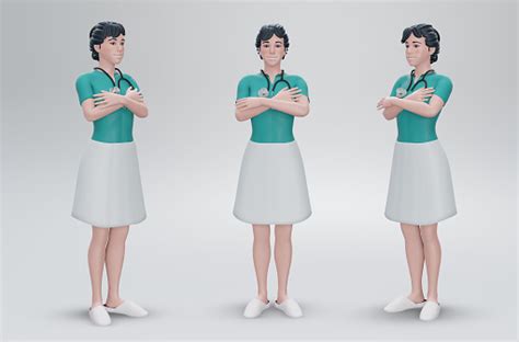3d 렌더링 전체 길이 여성 의사 유니폼 의료용 가운과 긴 무릎 길이 치마 팔이 교차됨 3차원 인쇄에 대한 스톡 사진 및 기타