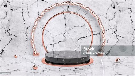 흰색 대리석 방 연단과 추상적 인 금 요소 둥근 받침대와 황금 아치 3d 렌더링 대리석 최소 구성 대리석에 대한 스톡 사진 및 기타 이미지 Istock