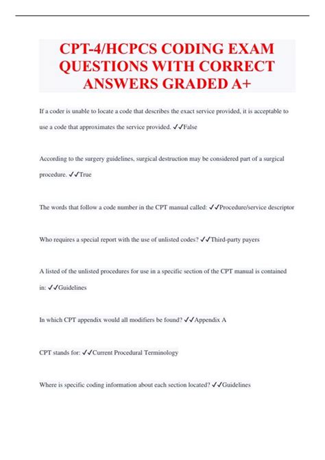 Cpt 4hcpcs Coding Exam Questions With Correct Answers Graded A Cpt