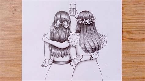 Easy Drawing Two Friends Are Taking A Selfie Best Friends Bff Besties Pencil Sketch