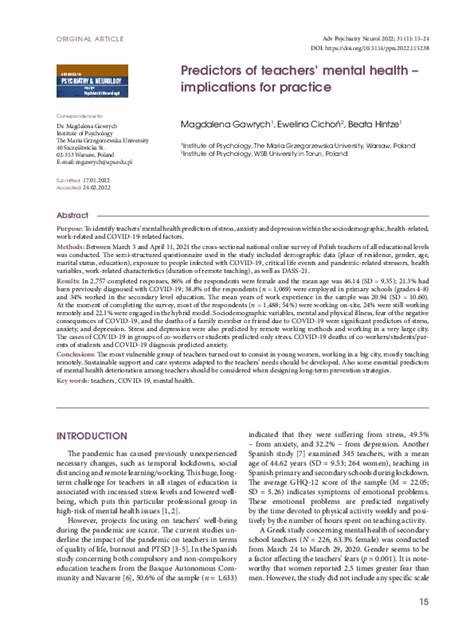 Pdf Predictors Of Teachers Mental Health Implications For Practice