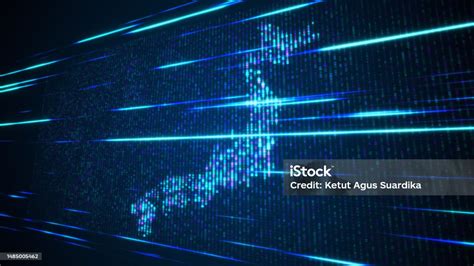 미래 지향적인 파란색 시니 이진 디지털 숫자 모자이크 그리드 일본 지도 수평 빛 줄무늬가 있는 시야 연결에 대한 스톡 벡터 아트 및 기타 이미지 Istock