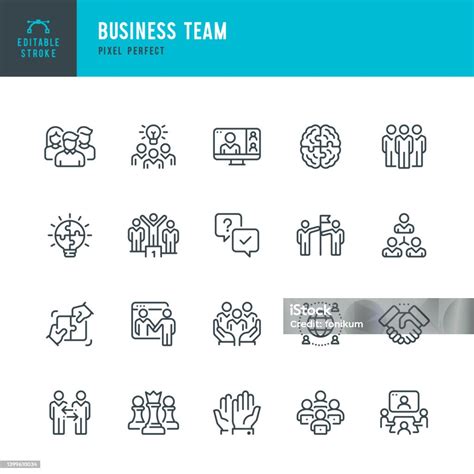 Business Team Набор Векторных Иконок Строки Пиксель Идеальный