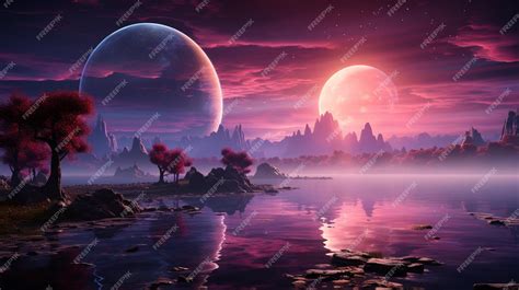 Premium Ai Image Purple Planet With Two Moons On The Water