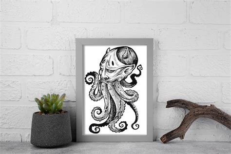Yokai Octopus Ink Sketch Art Print Japanese Ink Illustration Octopus