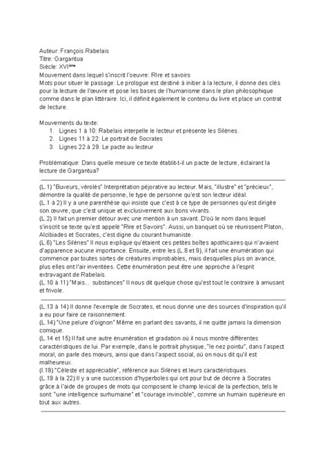 Fiche Lecture N6 Prologue Gargantua Francois Rabelais Auteur