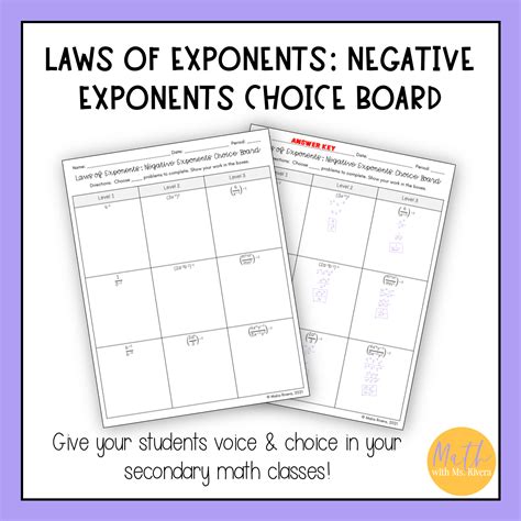 Laws Of Exponents Negative Exponents Choice Board Worksheet Homework
