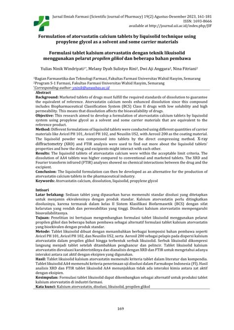 Pdf Liquisolid Tablets Formulation Of Atorvastatin Calcium Using Propylene Glycol As Solvent
